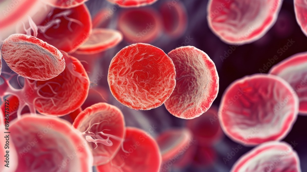 A close-up of red blood cells, magnified to show their unique biconcave ...