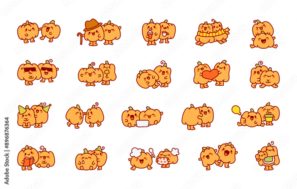 Funny couple pumpkin cartoon characters. Cute food friends. Hand drawn ...