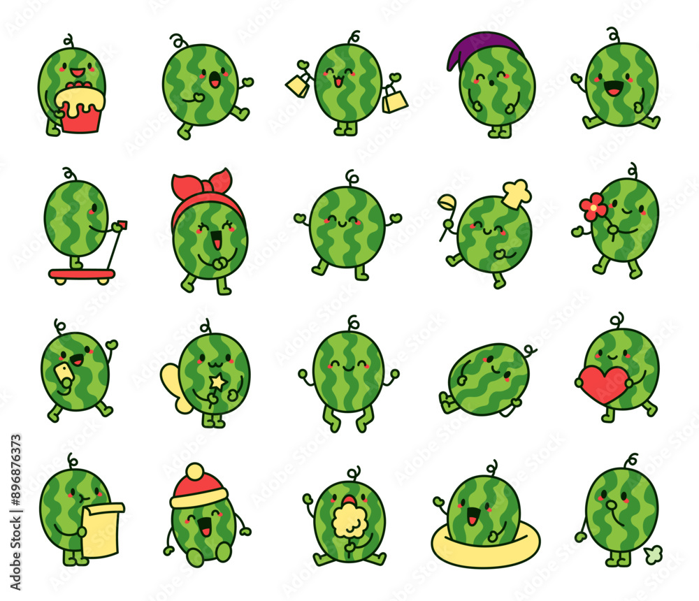 Cute kawaii watermelon with funny face. Adorable cartoon food character ...