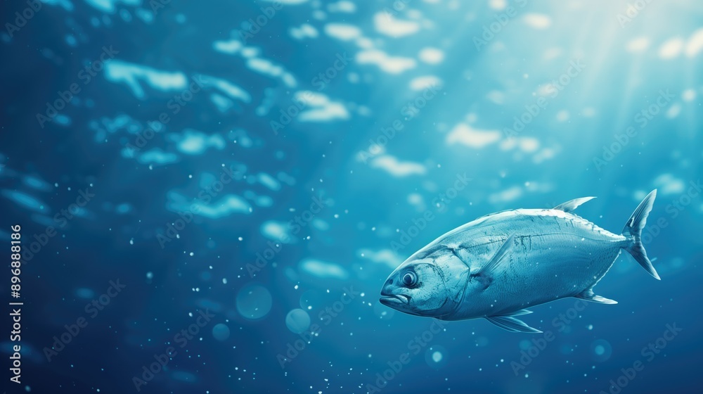 Fish underwater Blue ocean sea background with sun rays Water depths ...