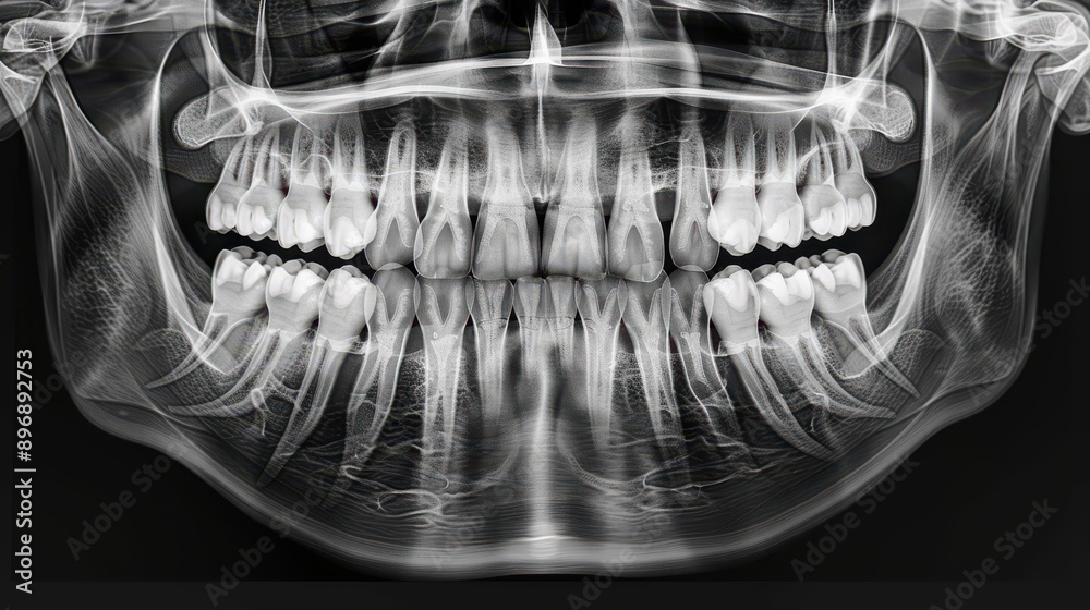 A detailed dental radiography image showing a full set of teeth and jaw ...