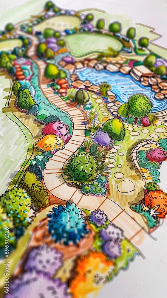 Detailed handdrawn landscape blueprint with colored sections showing ...