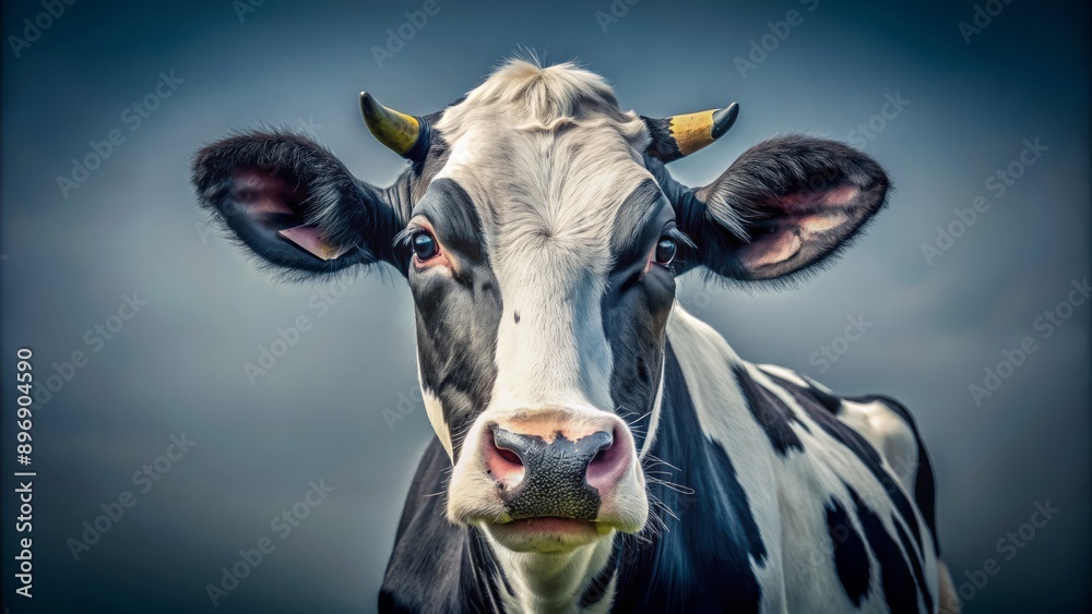 High-contrast, monochromatic portrait of a majestic Holstein cow's face ...