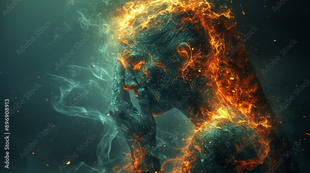 A person consumed by flames and ashes, burning in mental agony ...