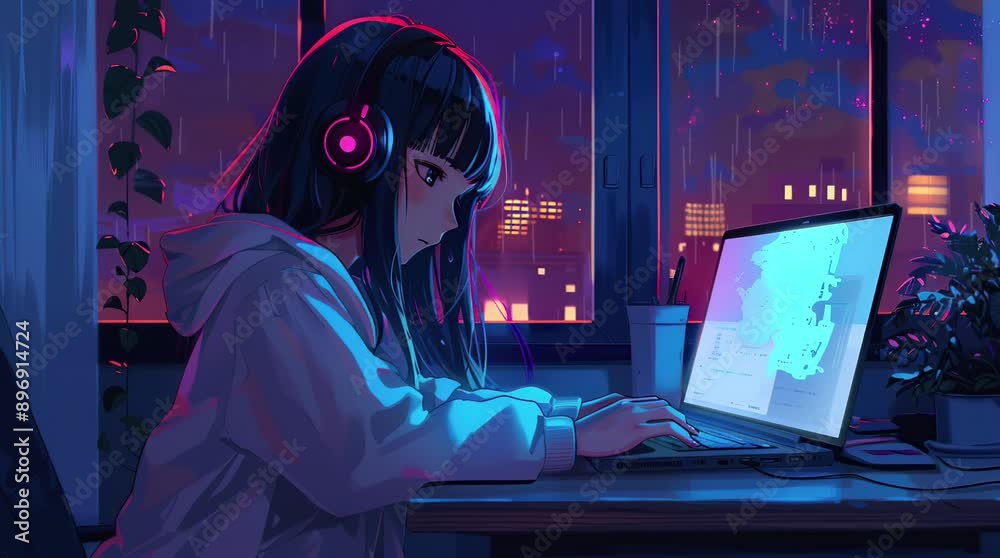 Anime Girl Typing on Laptop in Glowing Bedroom Seamless looping 4k time ...
