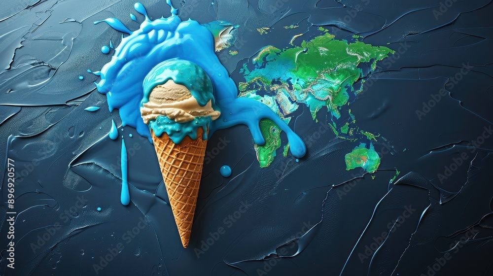 Melting earth icecream conewith the World map pattern on earth ...