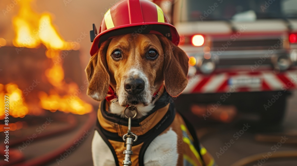 Heroic firefighter dog wearing uniform and helmet in front of a fire ...