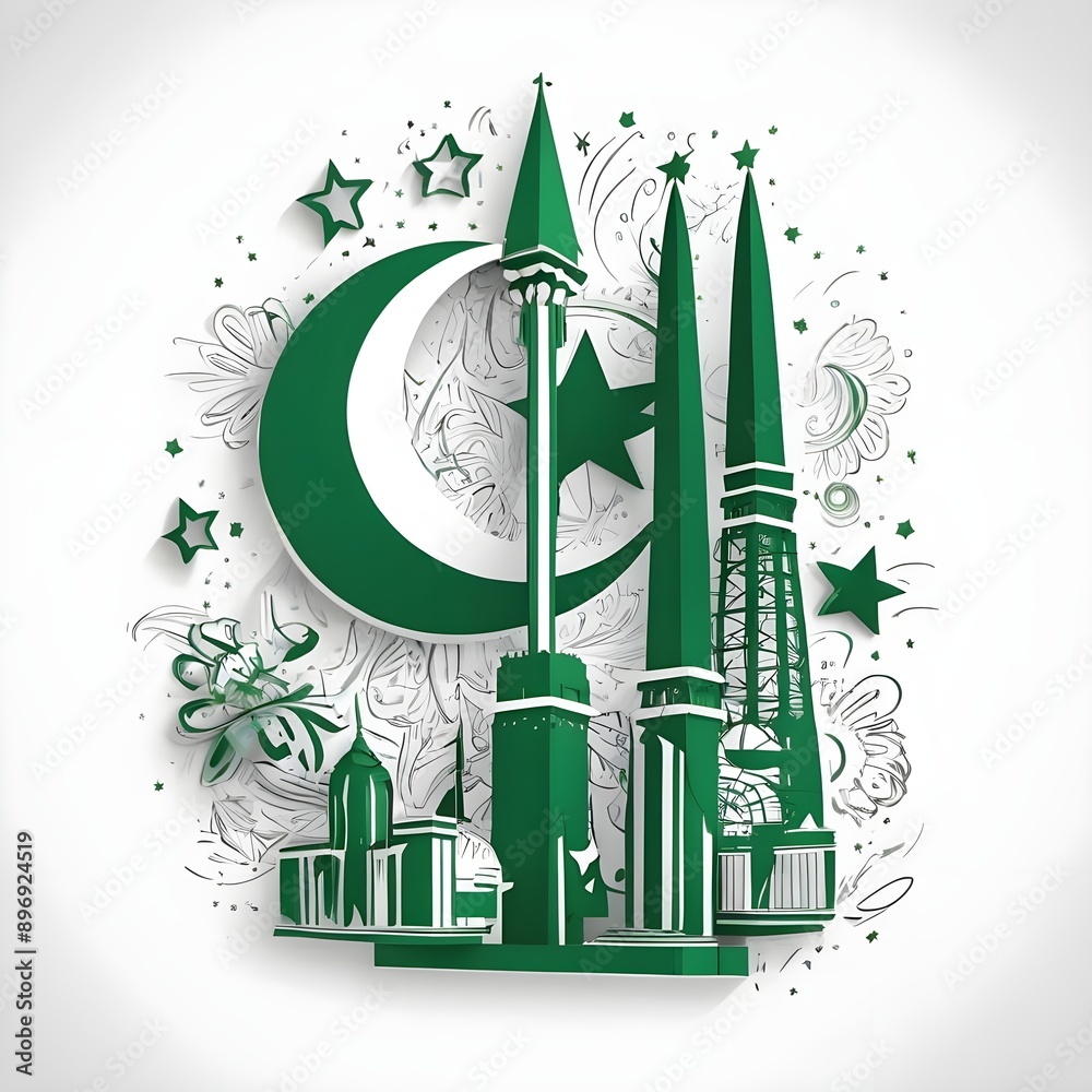 Artistic representation of iconic landmarks in Pakistan with a waving ...