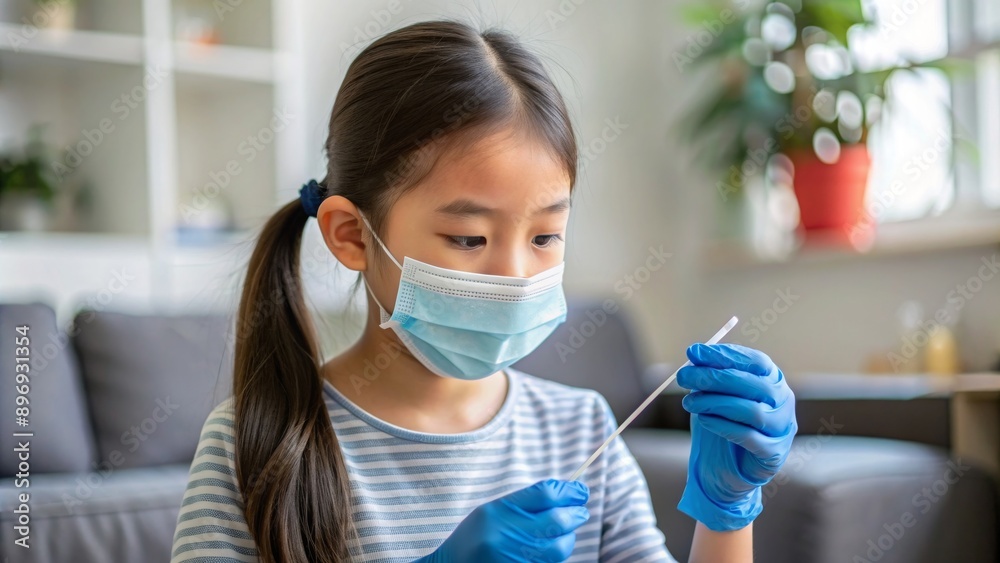 Asian preteen girl self administering a rapid Covid antigen swab test ...