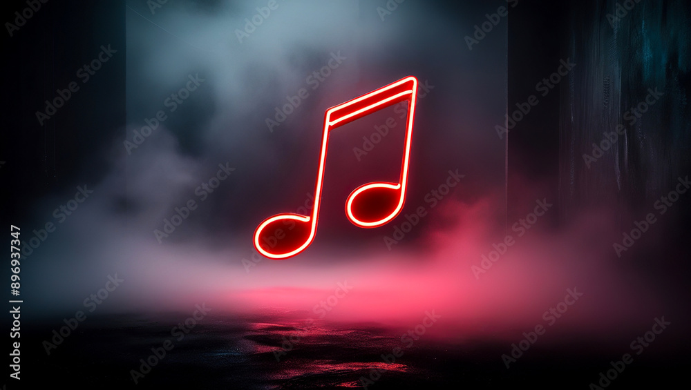 Red neon glowing Music note in a foggy and dark background, Music notes ...