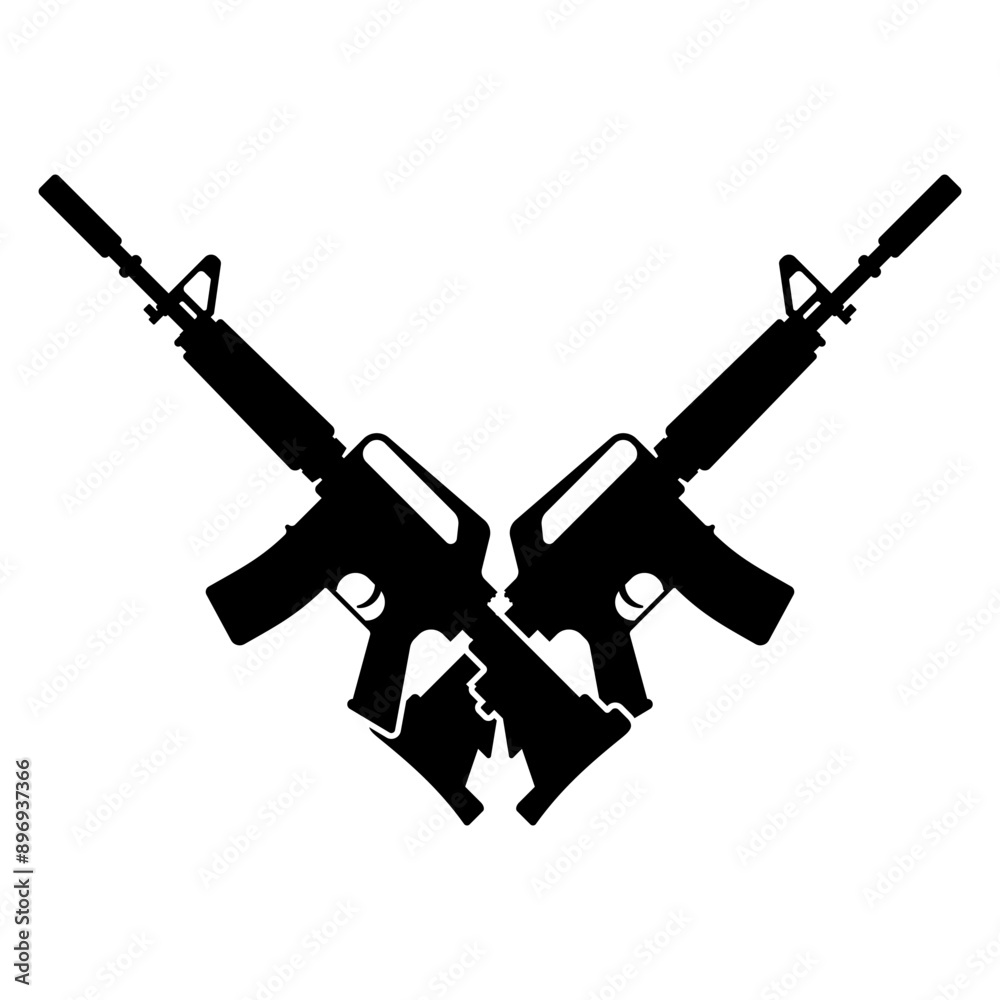 Vector illustration of two crossed assault rifles, american M16 and soviet AK47. Silhouette of ...