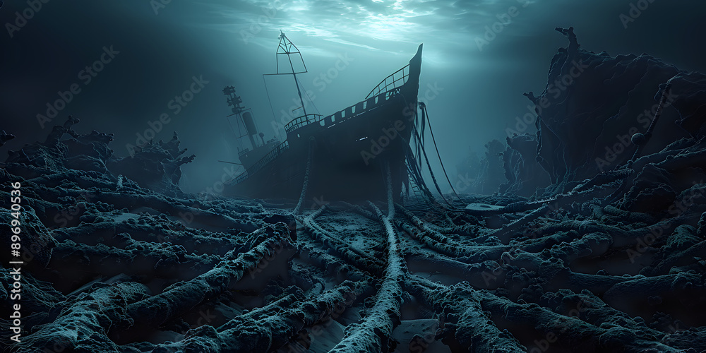 Creepy underwater world with a sunken ship and ghostly terrain ...