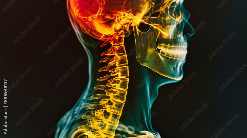 An X-ray of a man's head shows his skull and neck. The neck is ...