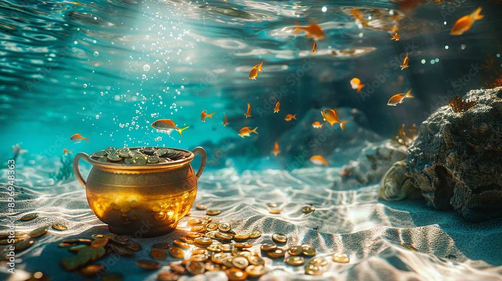 A pot of gold coins underwater surrounded by fish, illustrating a ...