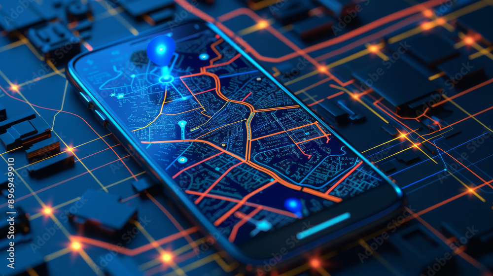 City navigation system with GPS tracking. It shows a detailed map of ...