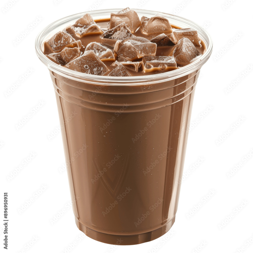 Iced chocolate drink in a plastic cup topped with iced cubes isolated ...