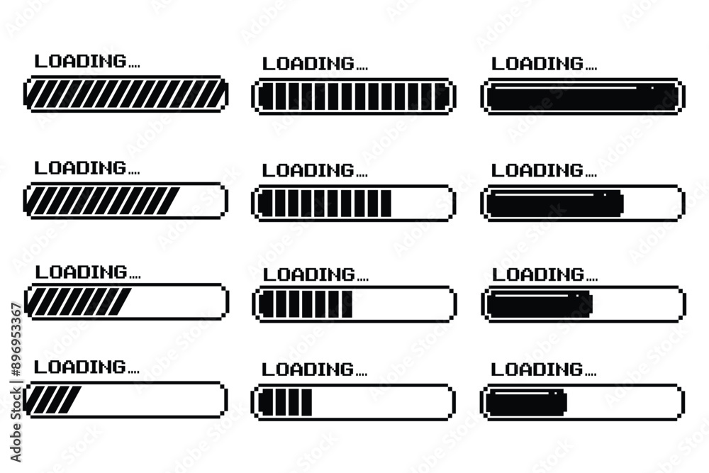 Pixel art 8-bit loading bar concept. Loading icons set. Load bar collection. loading icons on ...