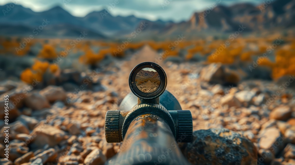 Foto de nature scene with a sniper lying prone, aiming through the ...