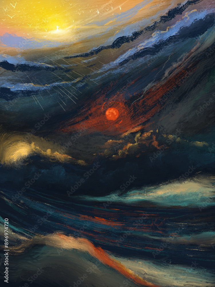 Red moon and dark clouds with signs and wonders illustration depicting ...