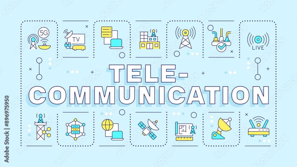 Telecommunication light blue word concept. Signal transmission. Radio ...