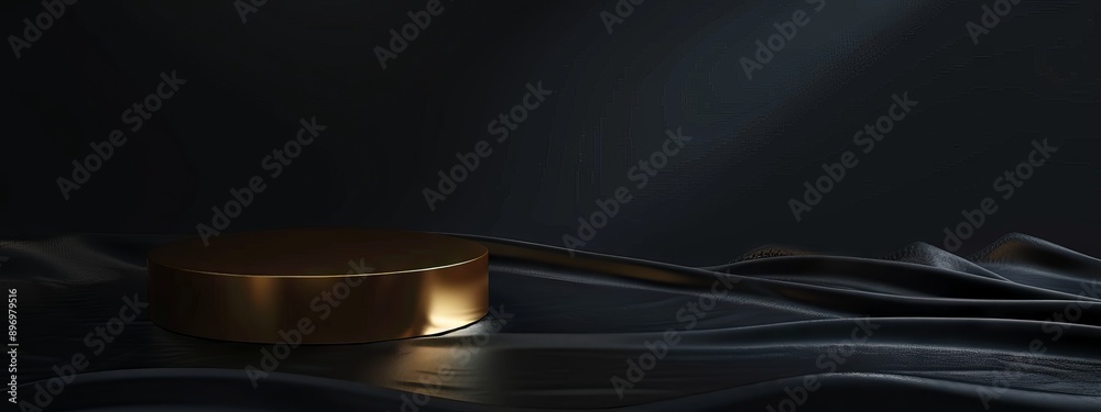 Metal podium for product presentation on dark background a golden round ...