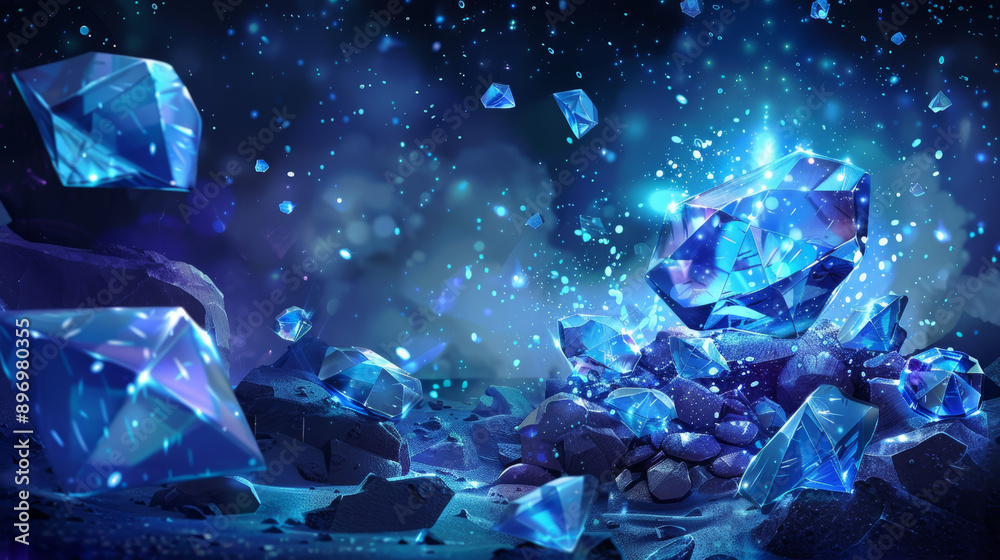Glowing blue gems sparkle on a dark background. Cartoon image of ...