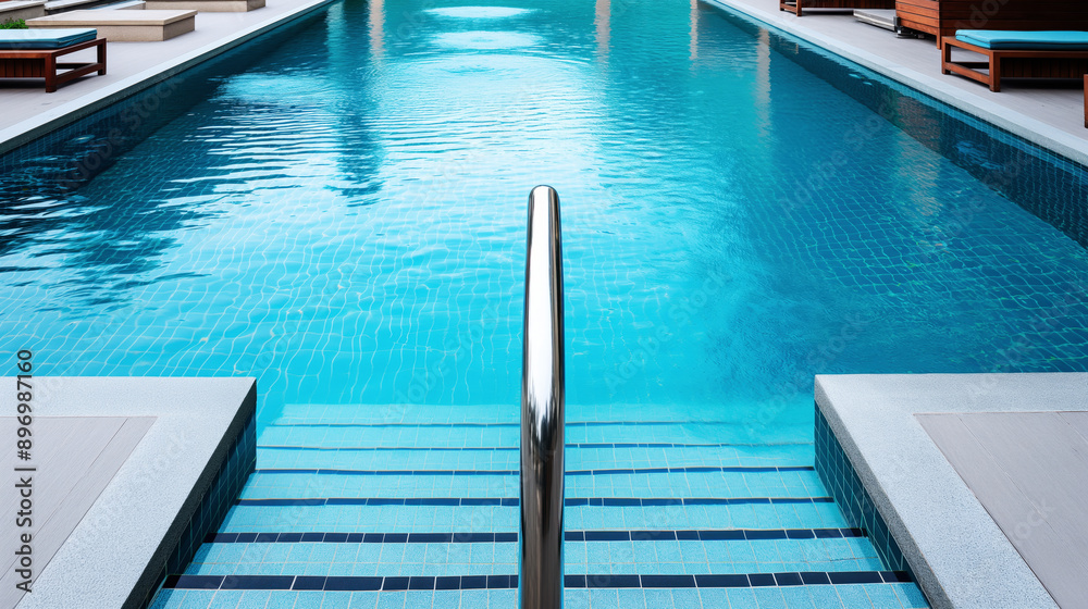 Calm swimming pool with metal handrail and poolside lounging areas with ...