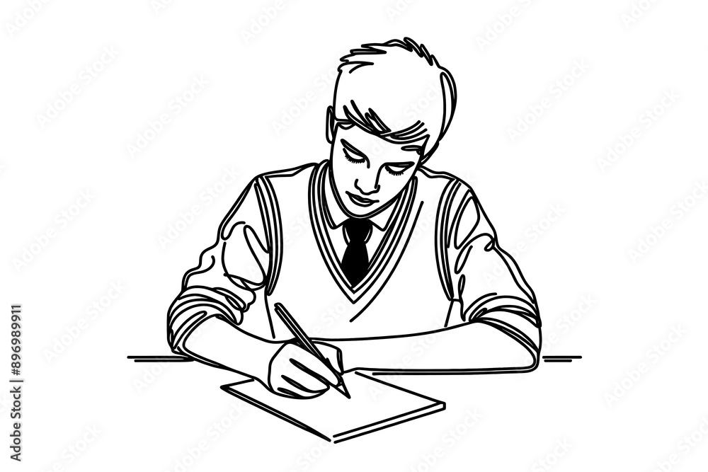 Continuous single line drawing of a teenage high school student reading ...