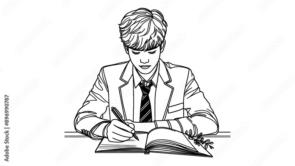 Continuous single line drawing of a teenage high school student reading ...