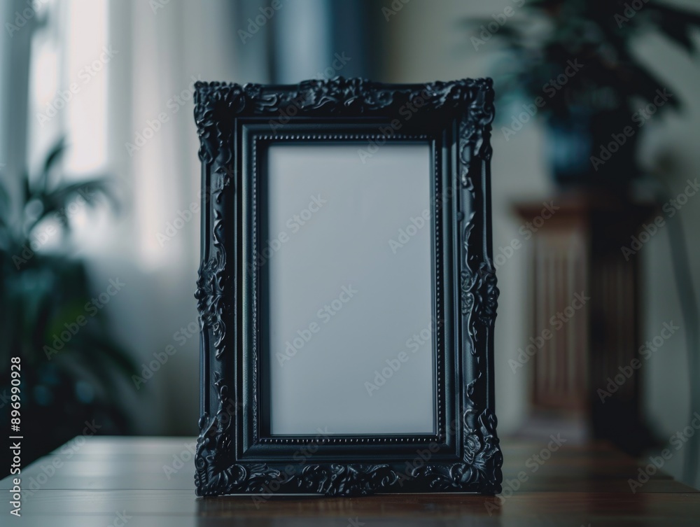 This image features an empty, ornate black picture frame with a simple ...
