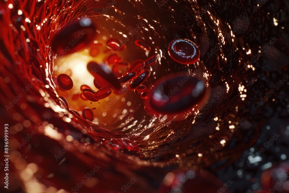 A microscopic image of red blood cells inside a vein, showing the ...