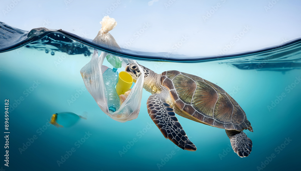 A sea turtle in the ocean with a plastic bag tangled around its neck ...