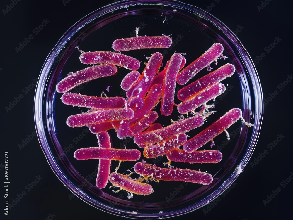 Bacterial growth in a petri dish, shown under a microscope with a vivid ...