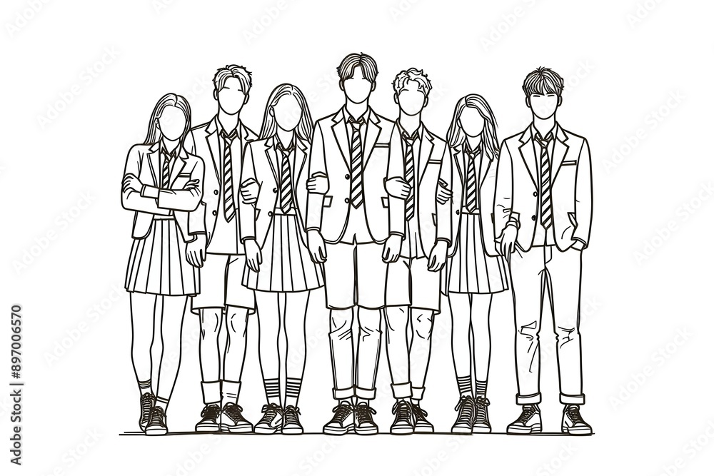 continuous single line drawing of a group of high school student ...
