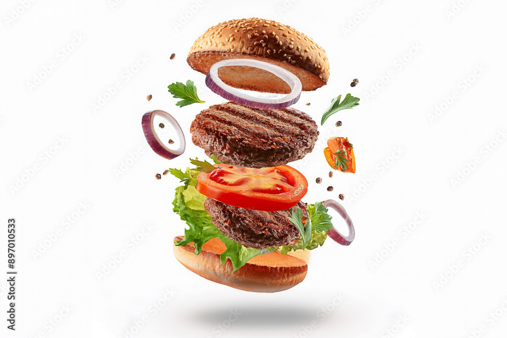 Grill burger, realistic 3d burgers falling in the air, grilled meat ...