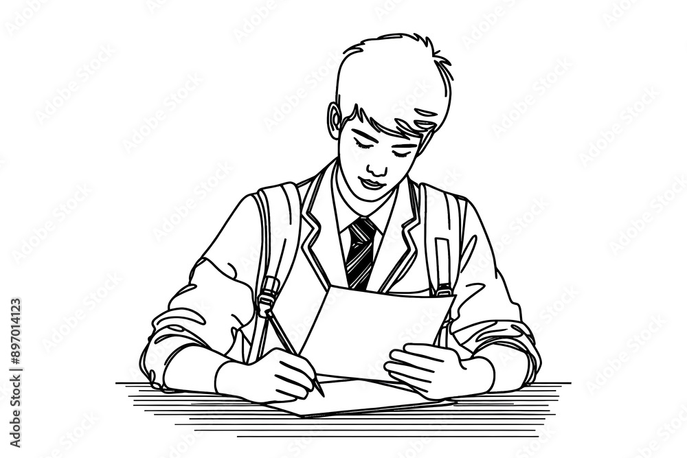 Continuous single line drawing of a teenage high school student reading ...