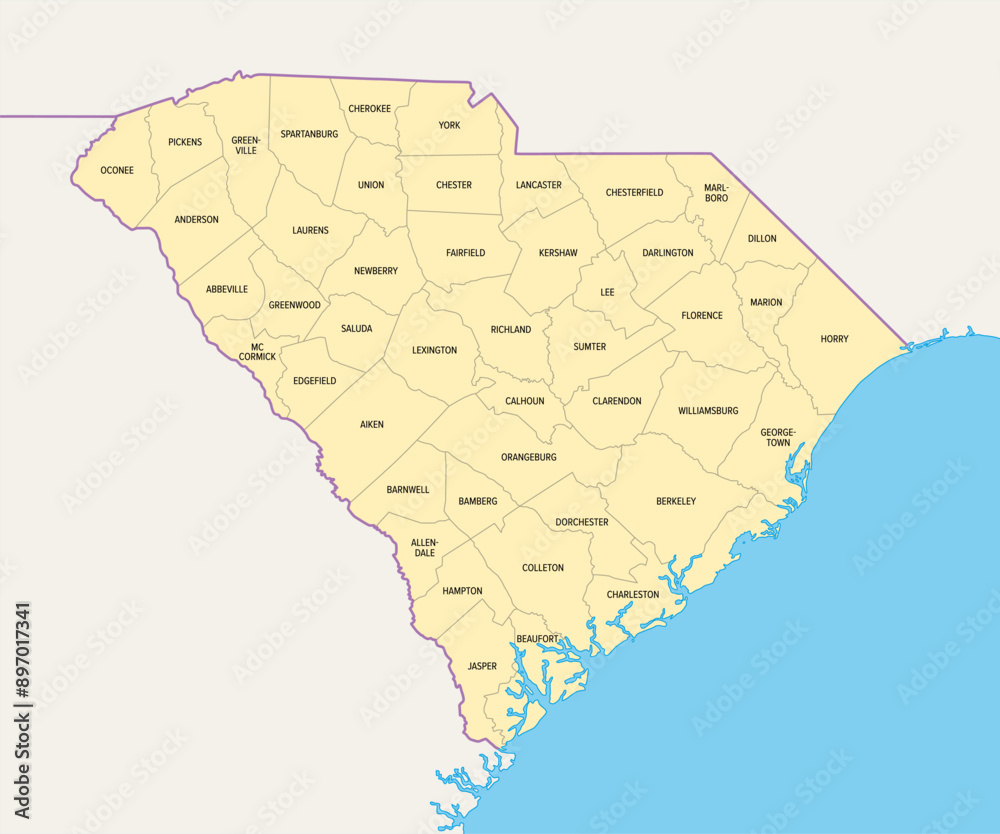 South Carolina counties, political map with borders and county names ...