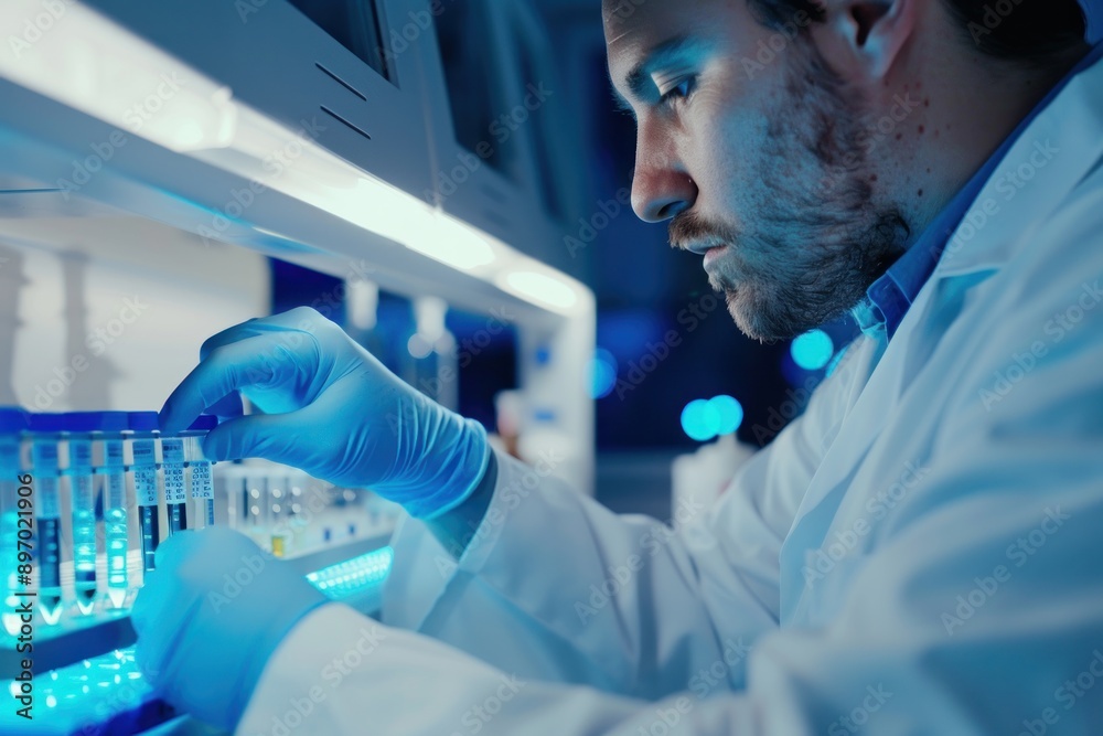Close-up of a researcher using a DNA sequencing machine, advanced ...