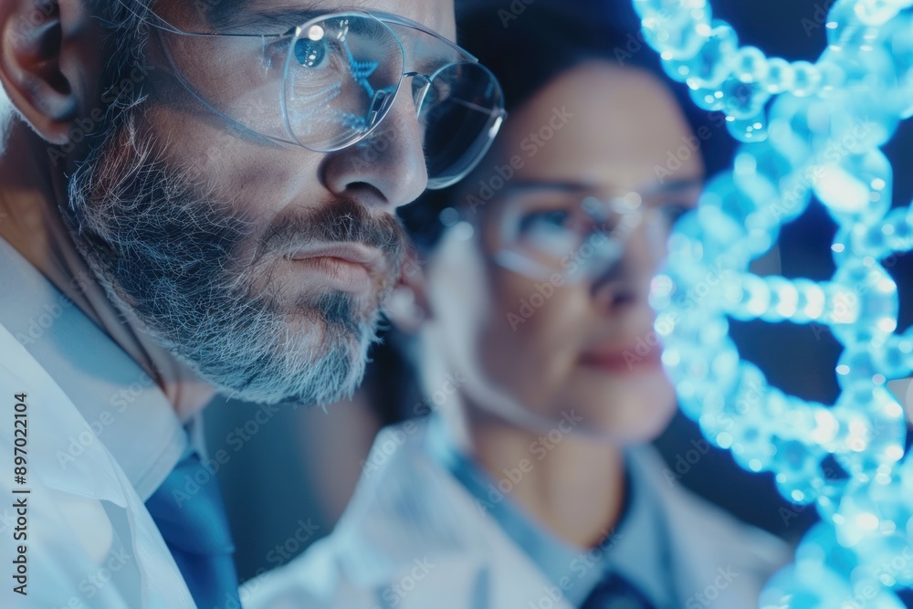 Close-up of a scientist discussing DNA research findings with a colleague, collaborative ...