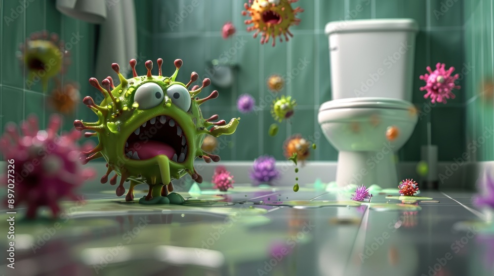 Germs spreading on a wet bathroom floor, [germs, bathroom], [showing ...
