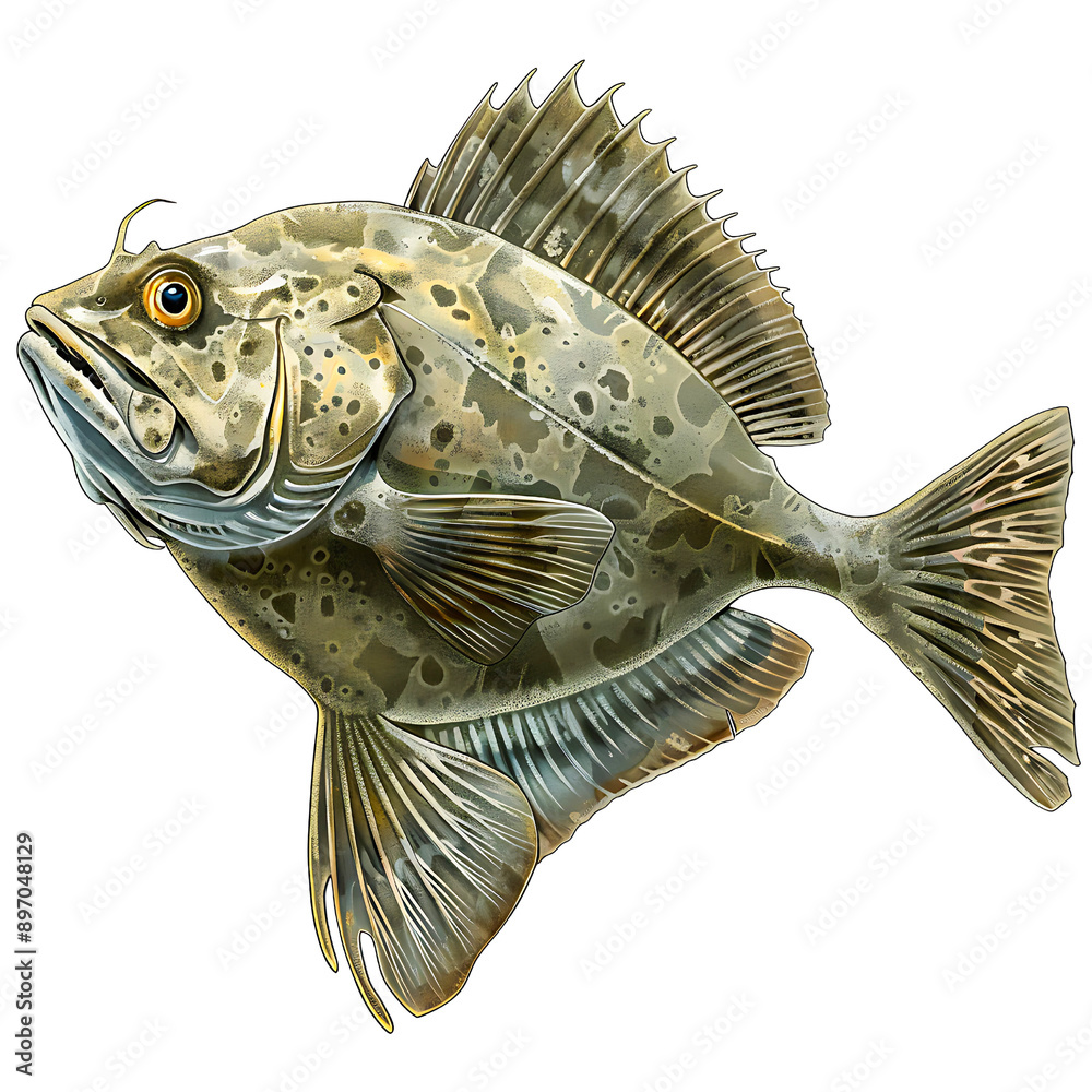 Illustrated image of a detailed flounder fish with intricate fins and ...