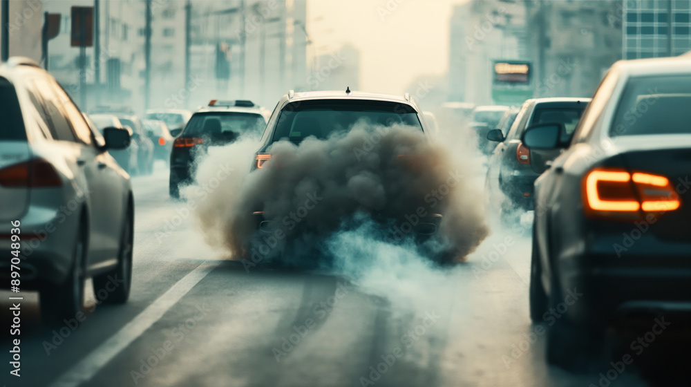 A car emitting heavy exhaust smoke while stuck in traffic on a city ...