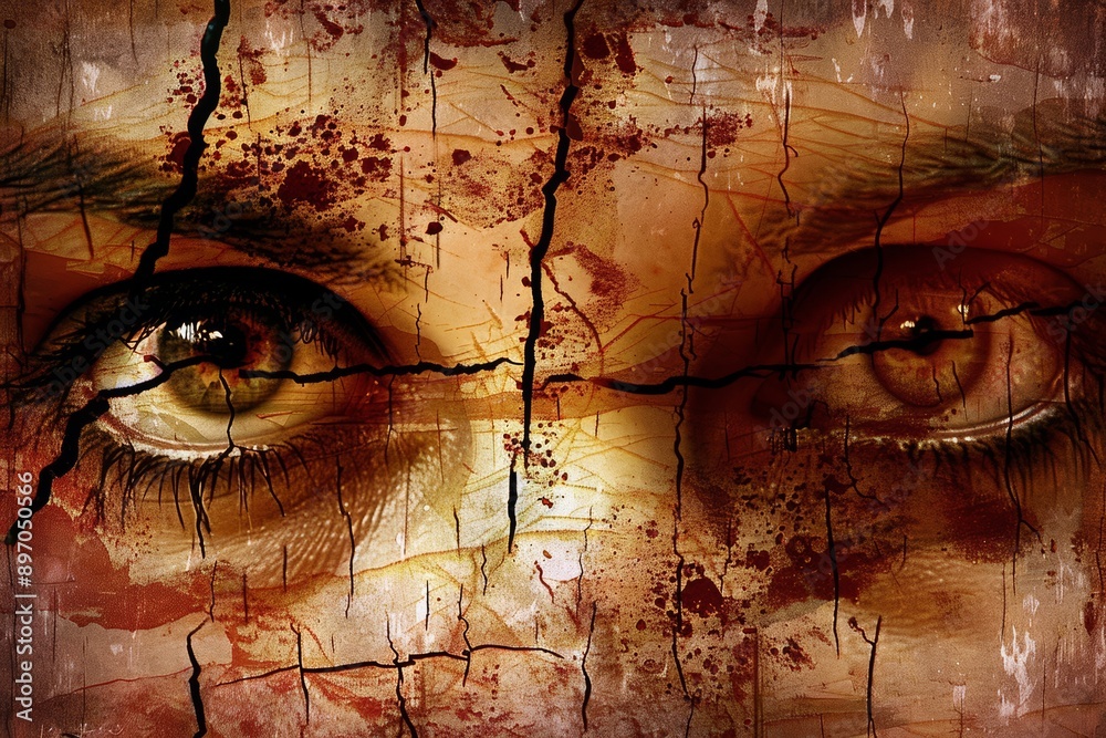 Eyes are haunting with cracked texture, showing mystery and distress in ...