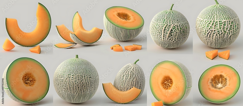 A realistic set of cantaloupes and melons, displayed as whole fruits ...