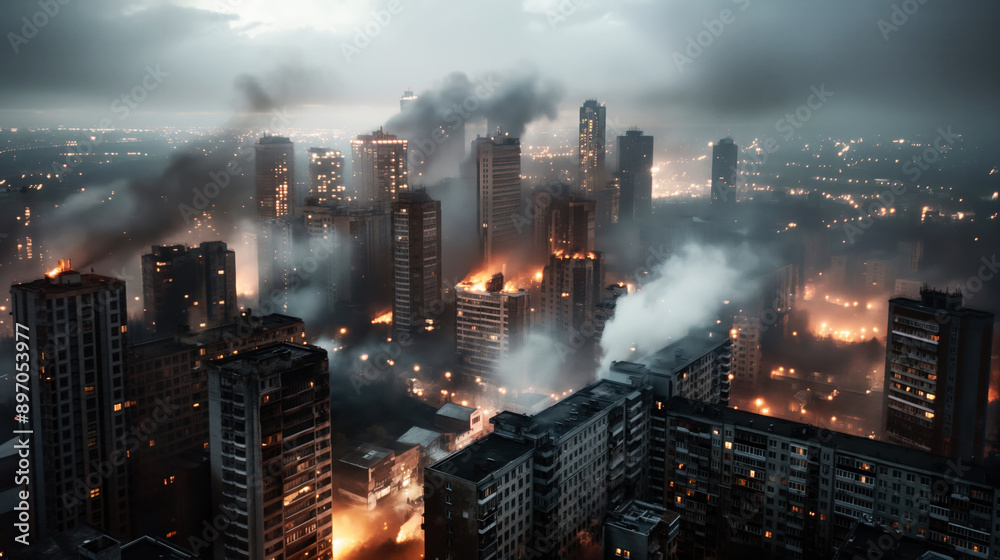 Urban skyline at night with high-rise buildings on fire, flames and ...