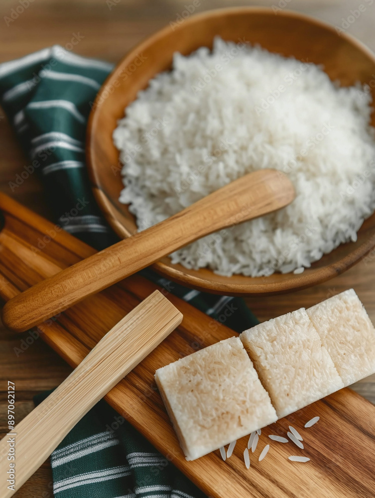 A traditional rice paddle with a smooth, curved handle sits beside a ...