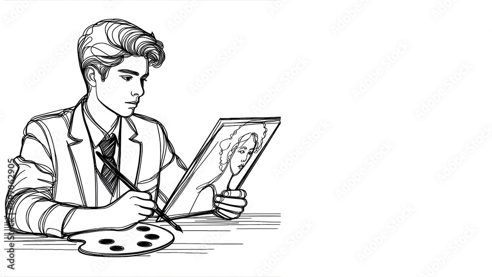 continuous single line art drawing of a college student painting at ...