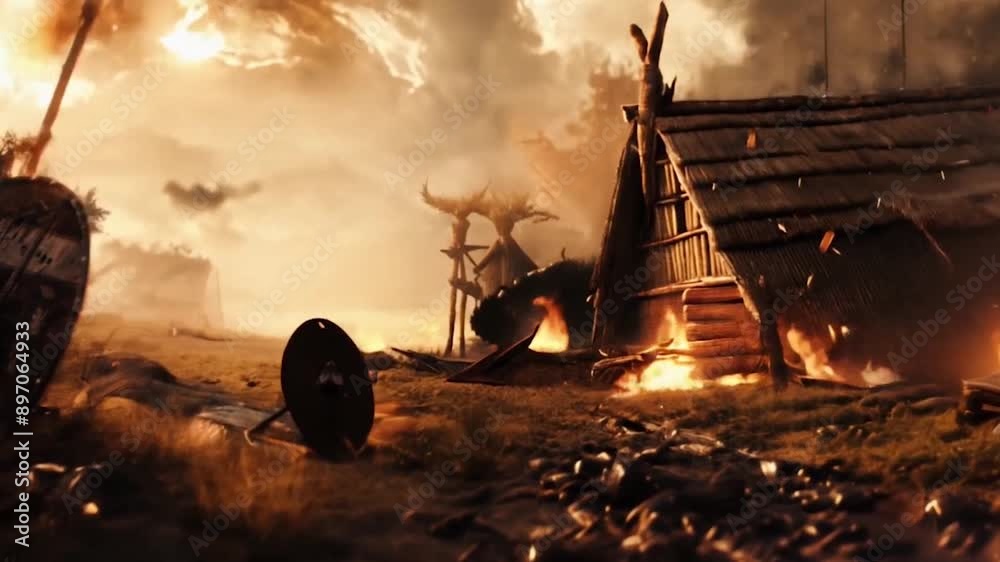 Viking shield and burning village. Fiery embers swirl amidst ...