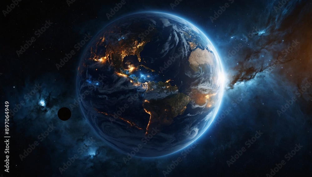 Earth against blue nebula and radiant sun in deep space, dark wallpaper ...