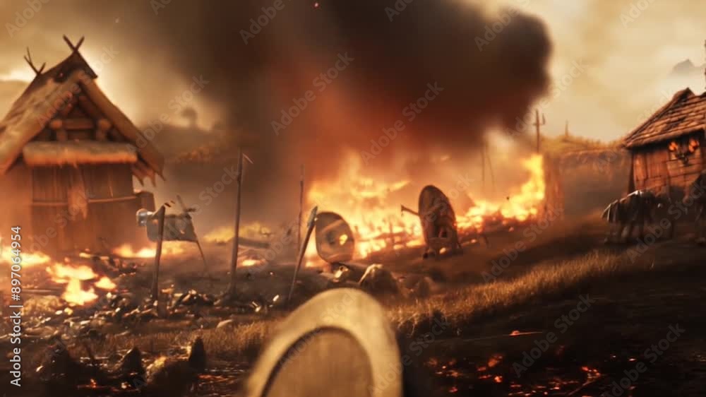 medieval battlefield with shields, weapons and viking huts of a village ...